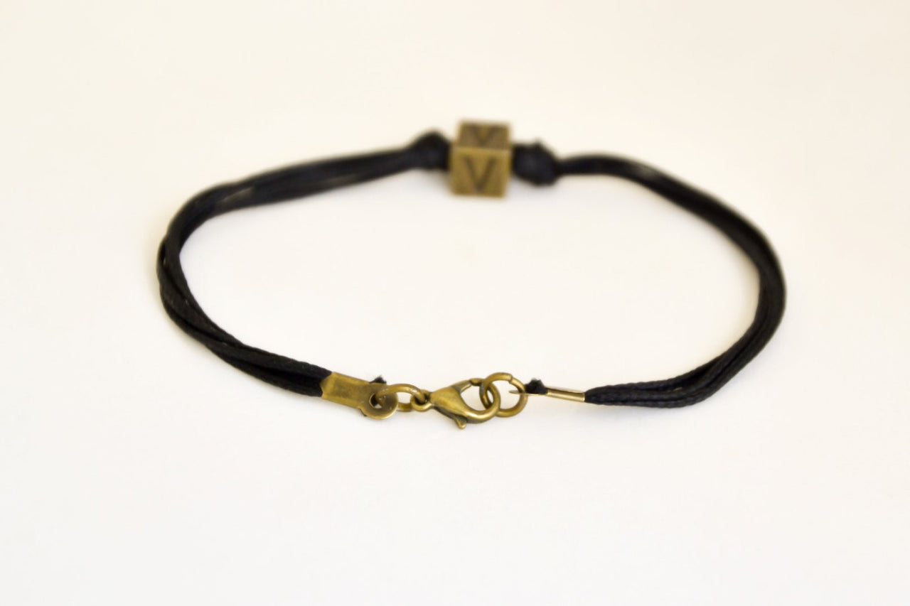 Bronze initial bead bracelet for men, black cord, customised personali