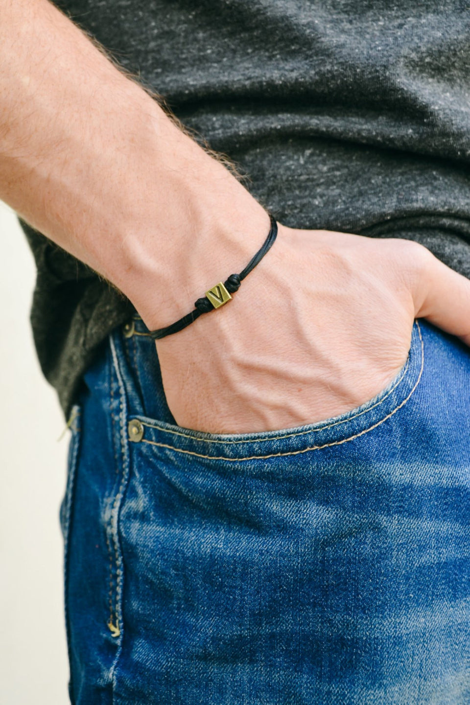 Bronze initial bead bracelet for men, black cord, customised personali